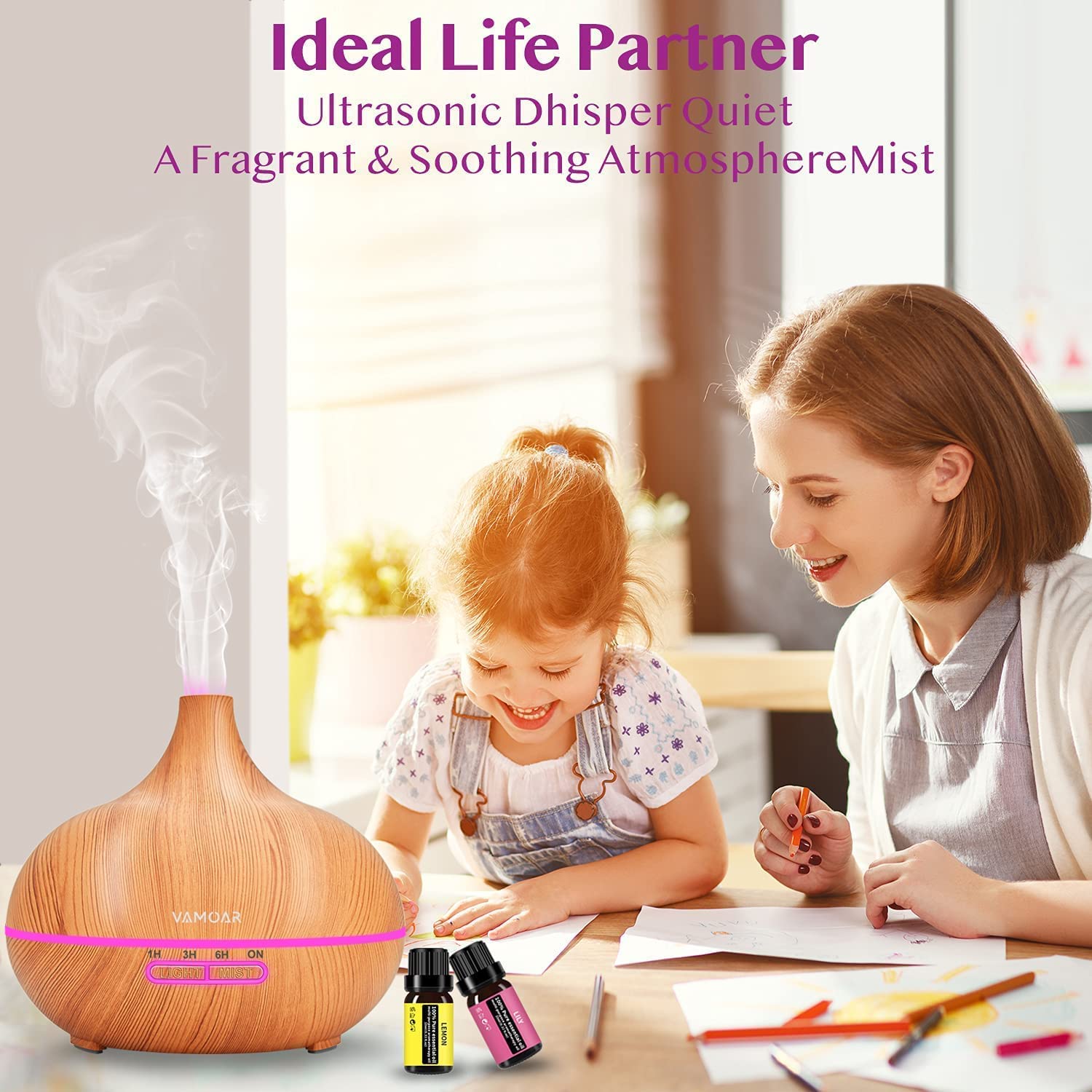 Ultrasonic Essential Oil Diffusers，550ml Diffuser Gift Set & Top 10 Essential Oils, Aromatherapy Diffuser Humidifier with 4 Timer &Auto Shut-Off for & 15 Ambient Light