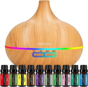 ultrasonic essential oil diffusers，550ml diffuser gift set & top 10 essential oils, aromatherapy diffuser humidifier with 4 timer &auto shut-off for & 15 ambient light