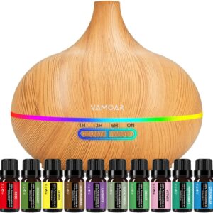 Ultrasonic Essential Oil Diffusers，550ml Diffuser Gift Set & Top 10 Essential Oils, Aromatherapy Diffuser Humidifier with 4 Timer &Auto Shut-Off for & 15 Ambient Light