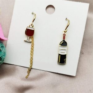 ANDPAI Chic Charm Asymmetry Handmade Enamel Red Wine Bottle Cup Chain Dangle Drop Earrings for Women Statement Jewelry Gifts (Red)