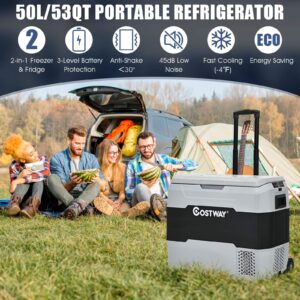 COSTWAY Car Refrigerator with Wheels, 53-Quart Dual-zone Electric Cooler with Telescopic Handle, 12V/24V DC, 100-240V AC, -4°F To 50°F, Portable Fridge Freezer for RV Camping Travel Home, Grey+Black