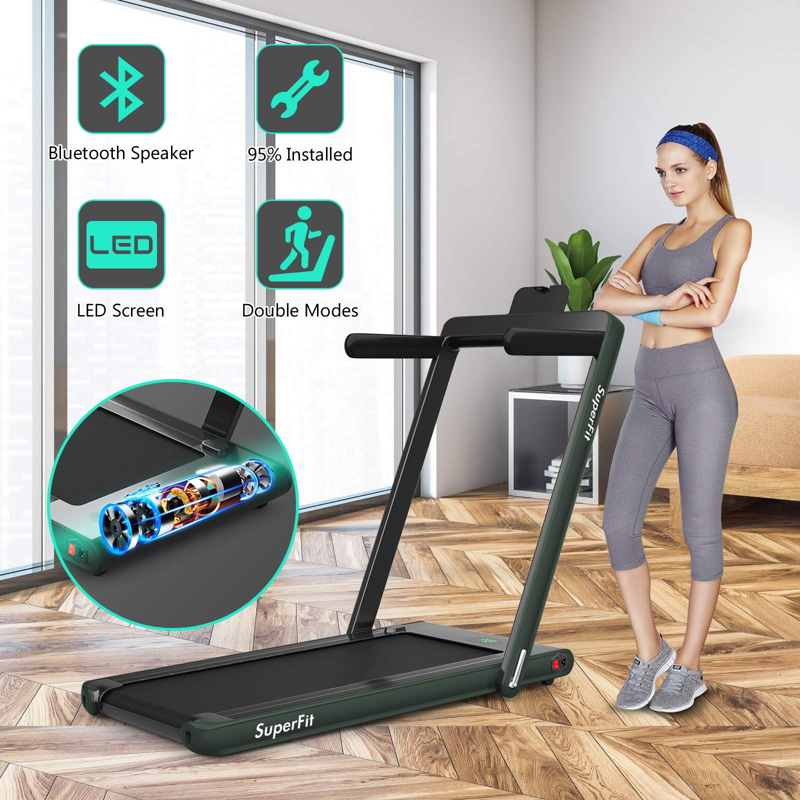 GYMAX Walking Pad, 2.25HP Foldable Treadmill with LED Display, Remote & Smart App Control, 2 in 1 Under Desk Treadmill, Portable Compact Folding Treadmill for Small Space/Home/Office (Emerald)