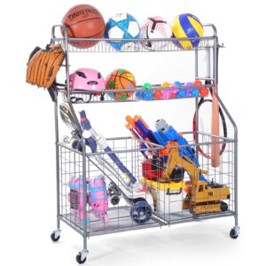 weyimila sports equipment organizer for garage, garage sports organizer, toy storage, nerf gun storage, garage storage rack for outdoor, indoor, steel, gray