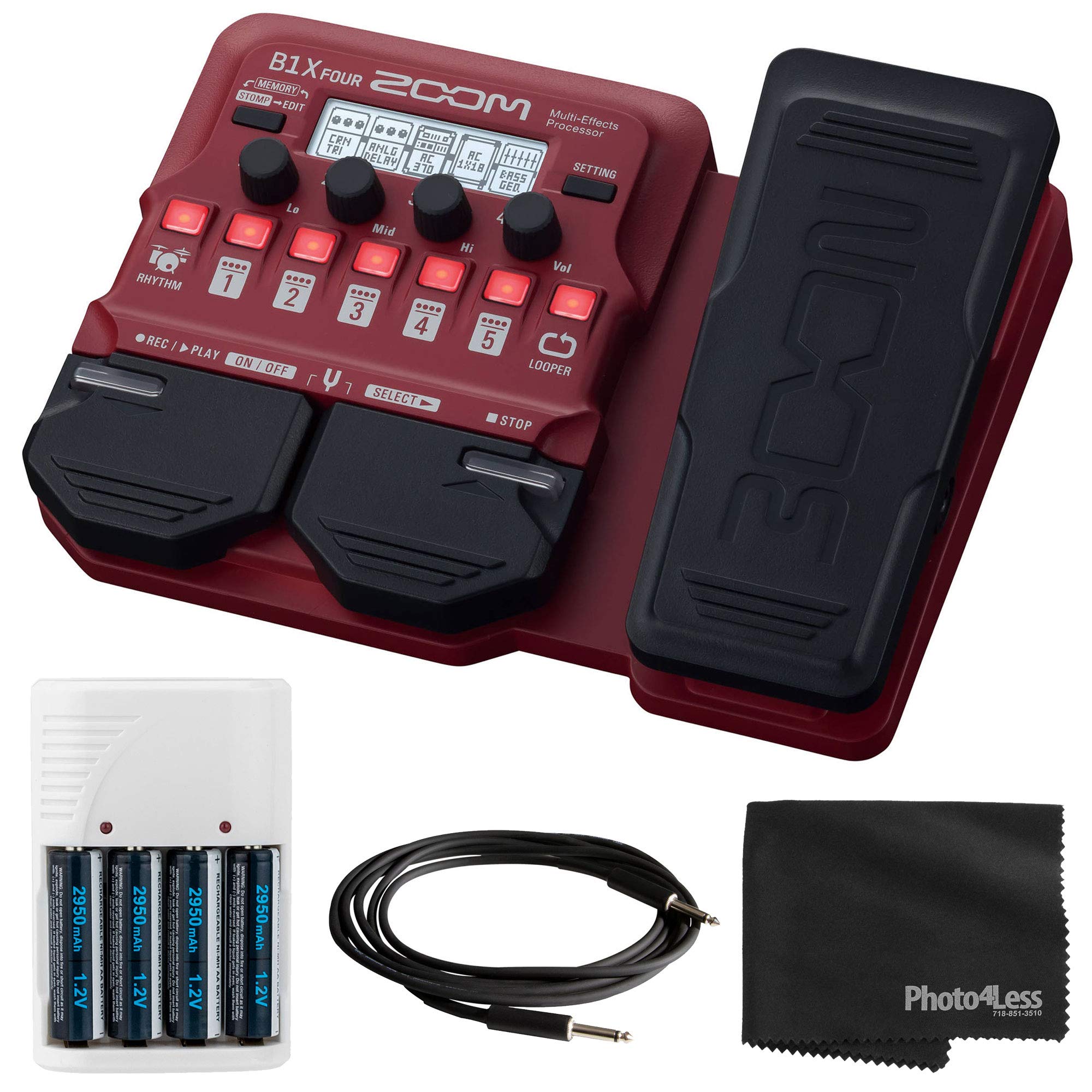 Zoom B1XFOUR Guitar MultiEffects Processor with Expression Pedal + 4 AA Batteries & Charger + Cable + Cloth - Top Value Bundle