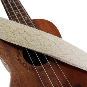 MUSIC FIRST Original Design Cream Graceful & Vintage Lace Soft Lace & Genuine Leather Ukulele Strap Ukulele Shoulder Strap With a Genuine Leather Strap Locker (Cream)