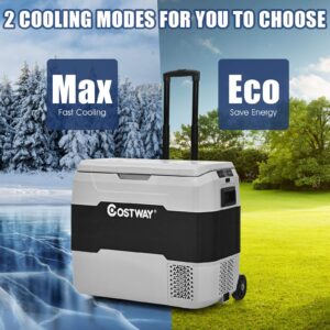 COSTWAY Car Refrigerator with Wheels, 53-Quart Dual-zone Electric Cooler with Telescopic Handle, 12V/24V DC, 100-240V AC, -4°F To 50°F, Portable Fridge Freezer for RV Camping Travel Home, Grey+Black