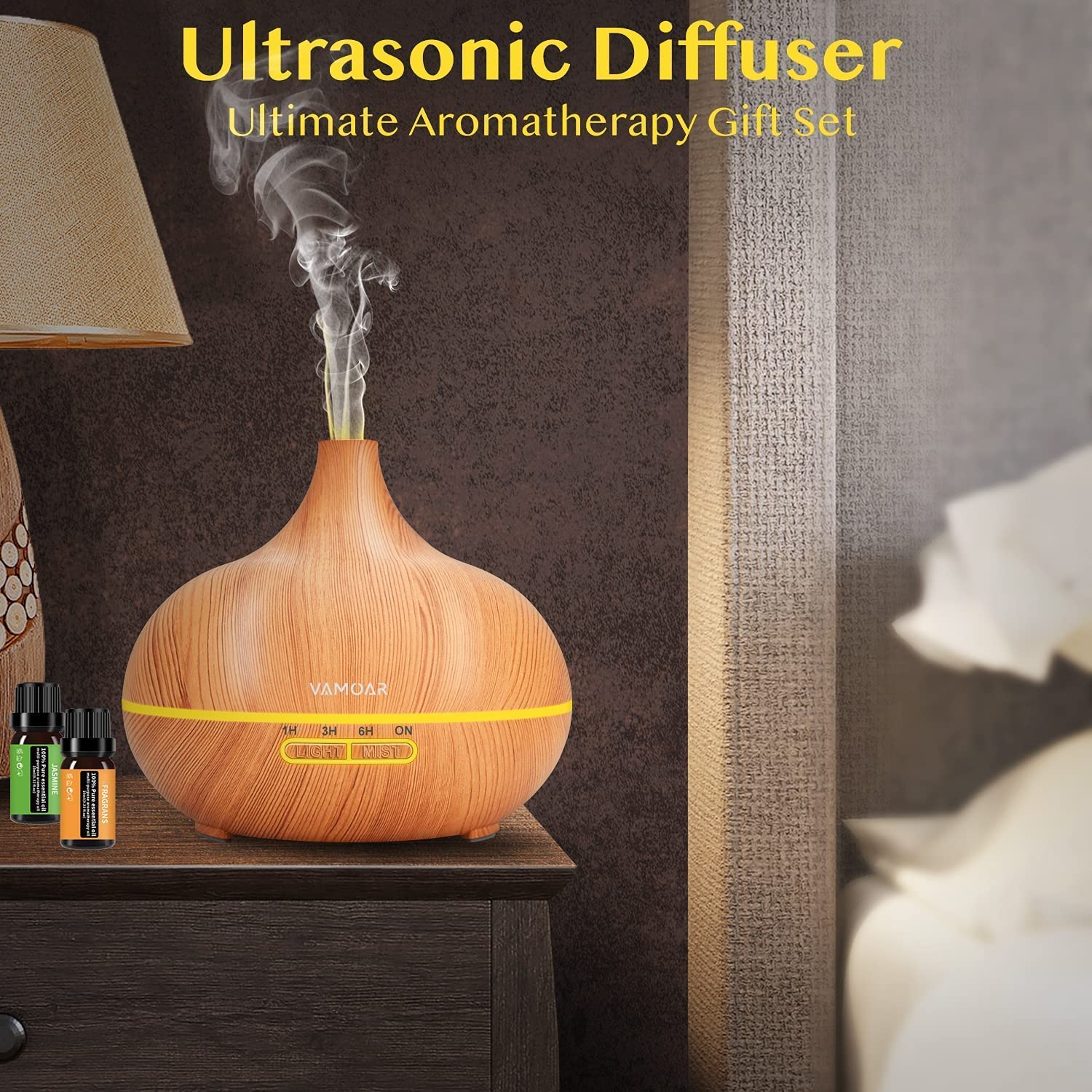 Ultrasonic Essential Oil Diffusers，550ml Diffuser Gift Set & Top 10 Essential Oils, Aromatherapy Diffuser Humidifier with 4 Timer &Auto Shut-Off for & 15 Ambient Light