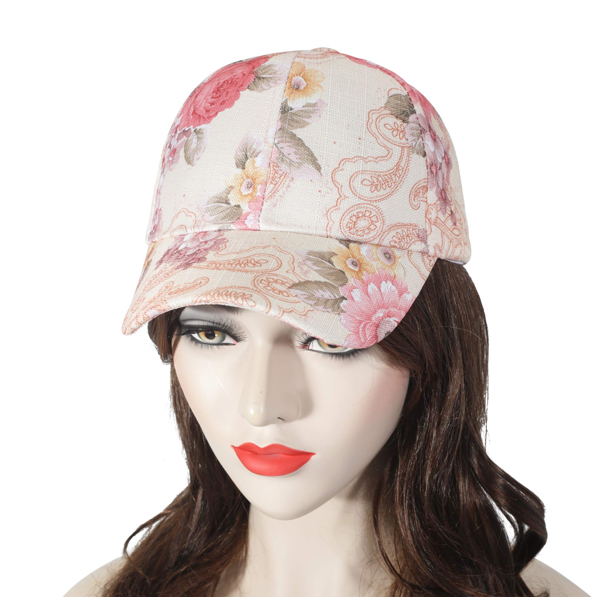 ZLYC Women Fashion Floral Print Baseball Cap Hawaiian Adjustable Snapback Dad Hat (Beige)