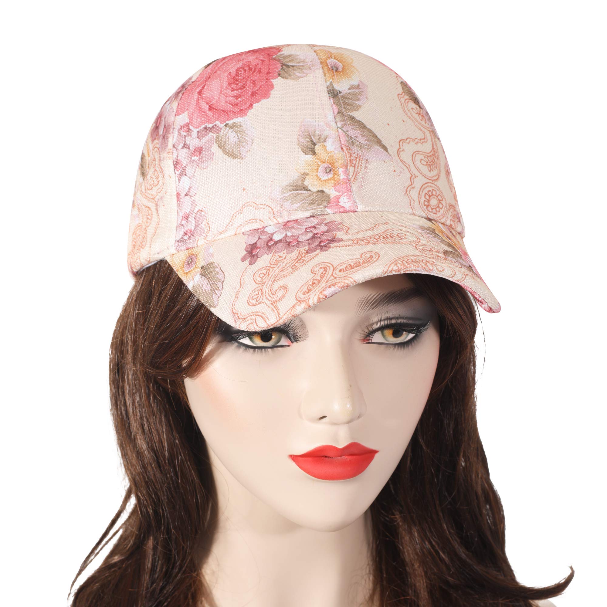 ZLYC Women Fashion Floral Print Baseball Cap Hawaiian Adjustable Snapback Dad Hat (Beige)