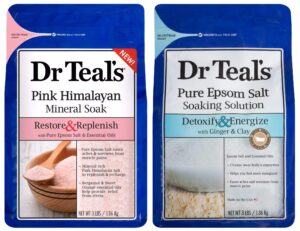 dr. teal's pure epsom salt bath variety gift set (2 pack, 3lbs ea.) - restore & replenish pink himalayan, detoxify & energize ginger & clay - essential oils remove toxins 7 help alleviate daily stress