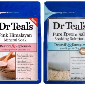 Dr. Teal's Pure Epsom Salt Bath Variety Gift Set (2 Pack, 3lbs Ea.) - Restore & Replenish Pink Himalayan, Detoxify & Energize Ginger & Clay - Essential Oils Remove Toxins 7 Help Alleviate Daily Stress