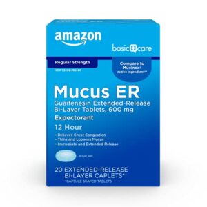 amazon basic care guaifenesin cough and mucus relief extended-release tablets, 600 mg, 12 hour expectorant, 20 count