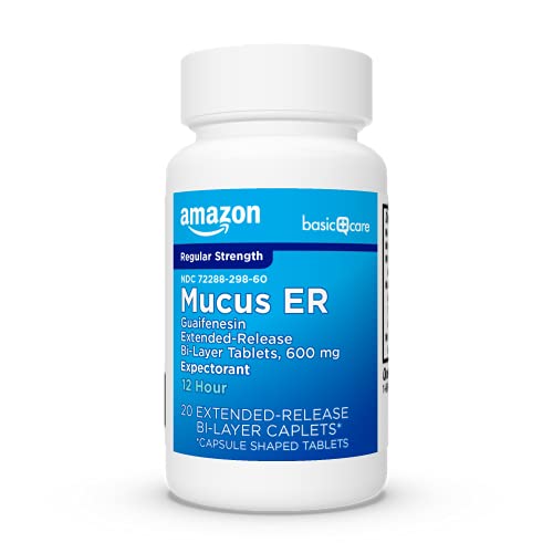 Amazon Basic Care Guaifenesin Cough and Mucus Relief Extended-Release Tablets, 600 mg, 12 Hour Expectorant, 20 Count