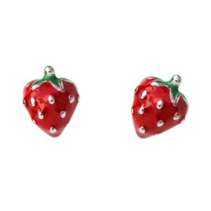 cute strawberry fruits earrings 925 sterling silver small stud earring for women red enamel lifelike lucky cartilage tragus post hypoallergenic dainty jewelry gifts daughter niece