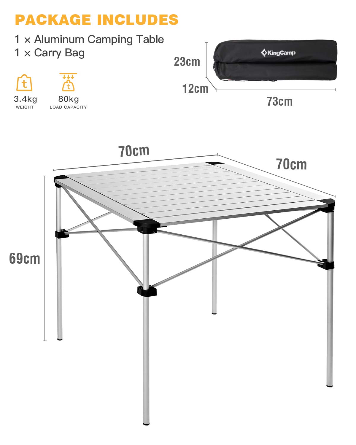 KingCamp KC3961_Silver Camping Table, 27.5"×27.5"×27.1"