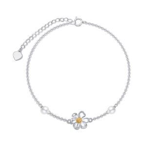 yafeeso solid 14k white gold daisy bracelet for women daisy flower link bracelet daisy jewelry anniversary birthday gifts for her, 6.5+2 inch