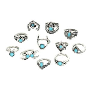 asphire 11pcs bohemian stacking knuckle rings set turquoise midi ring punk silver animals finger rings for women