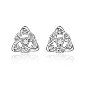 mothers day celtic knot earrings for women mom trinity triangle round triquetra crystal stud irish 925 sterling silver infinity earring dainty trendy clip on piercing jewelry