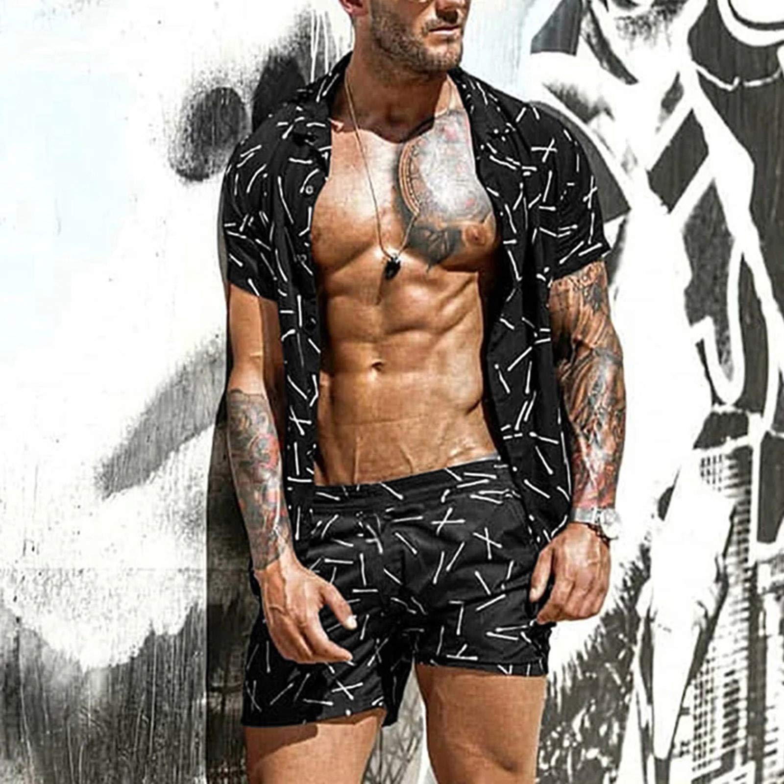 Men's Flower Shirt Summer 2-Piece Beach Hawaiian Sets Casual Button Down Short Sleeve Shirt Shorts Outfit Suits Black