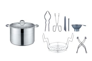 concord 20 quart stainless steel canning pot set. includes canning rack, tongs, jar lifter, funnel, wrench, lid lifter, mixer/measurer (induction compatible)