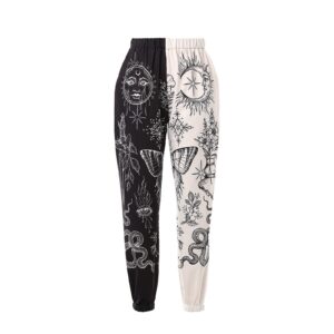 amuver women's boho hippie harem pants high smocked waist printed patchwork sweatpants yoga 90s goth baggy casual trousers white/black