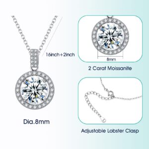 Miraclife Moissanite Pendant Necklace for Women,1ct-3ct Halo Round 925 Sterling Silver with 18K White Gold Plated, Include Jewelry Box,with Certificate (2ct)