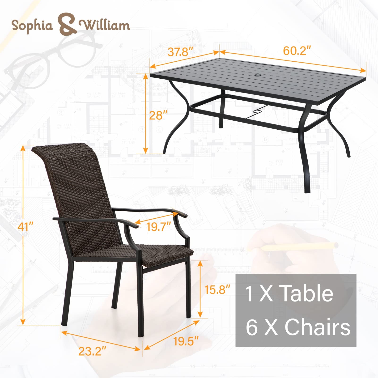 Sophia & William Patio Dining Set 7 Piece Wicker Outdoor Table and Chairs Furniture Set, 6 High-Back Rattan Chairs and 1 Metal Rectangular Dining Table with Umbrella Hole