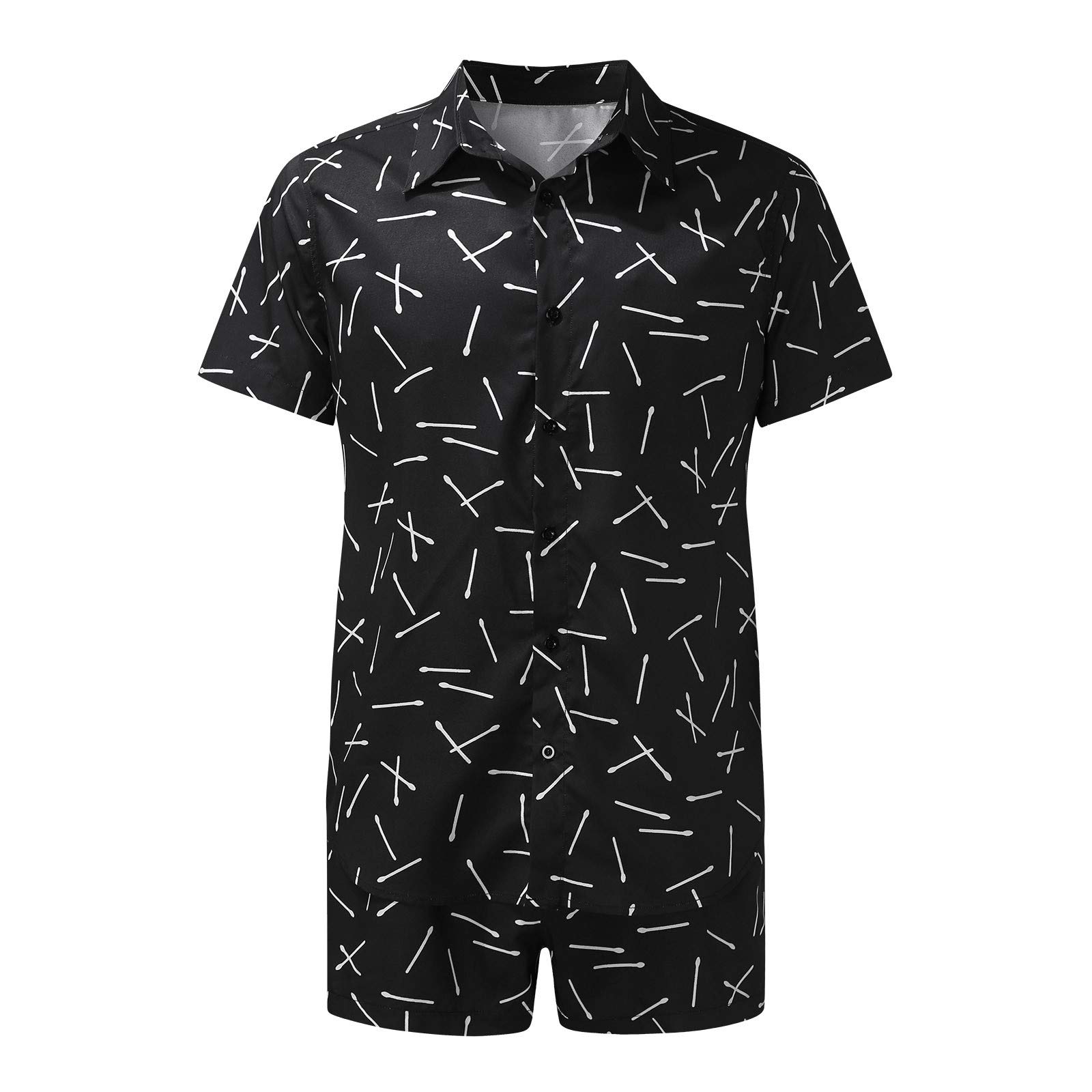 Men's Flower Shirt Summer 2-Piece Beach Hawaiian Sets Casual Button Down Short Sleeve Shirt Shorts Outfit Suits Black