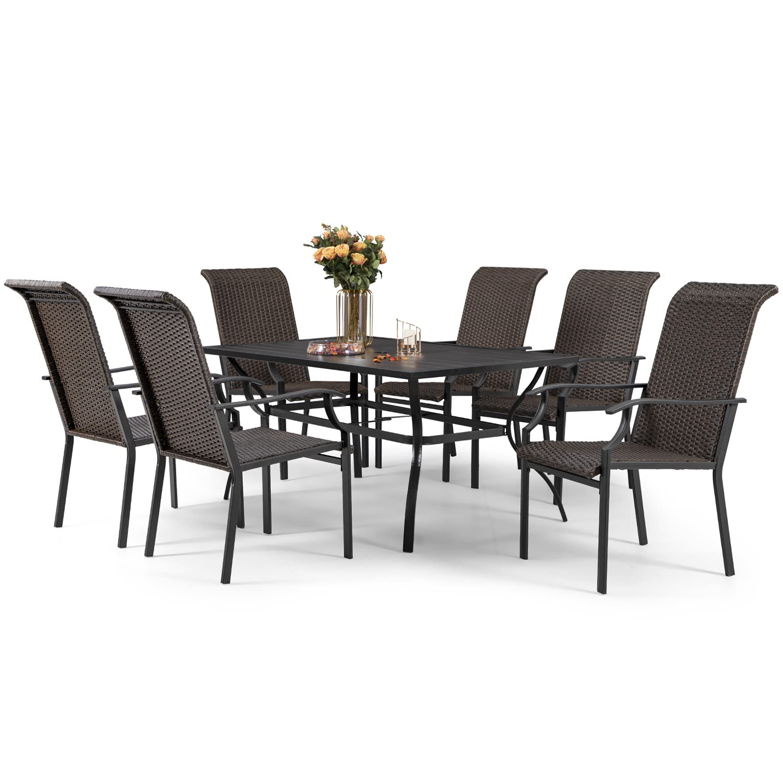 Sophia & William Patio Dining Set 7 Piece Wicker Outdoor Table and Chairs Furniture Set, 6 High-Back Rattan Chairs and 1 Metal Rectangular Dining Table with Umbrella Hole