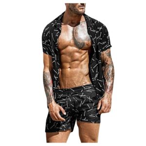 men's flower shirt summer 2-piece beach hawaiian sets casual button down short sleeve shirt shorts outfit suits black