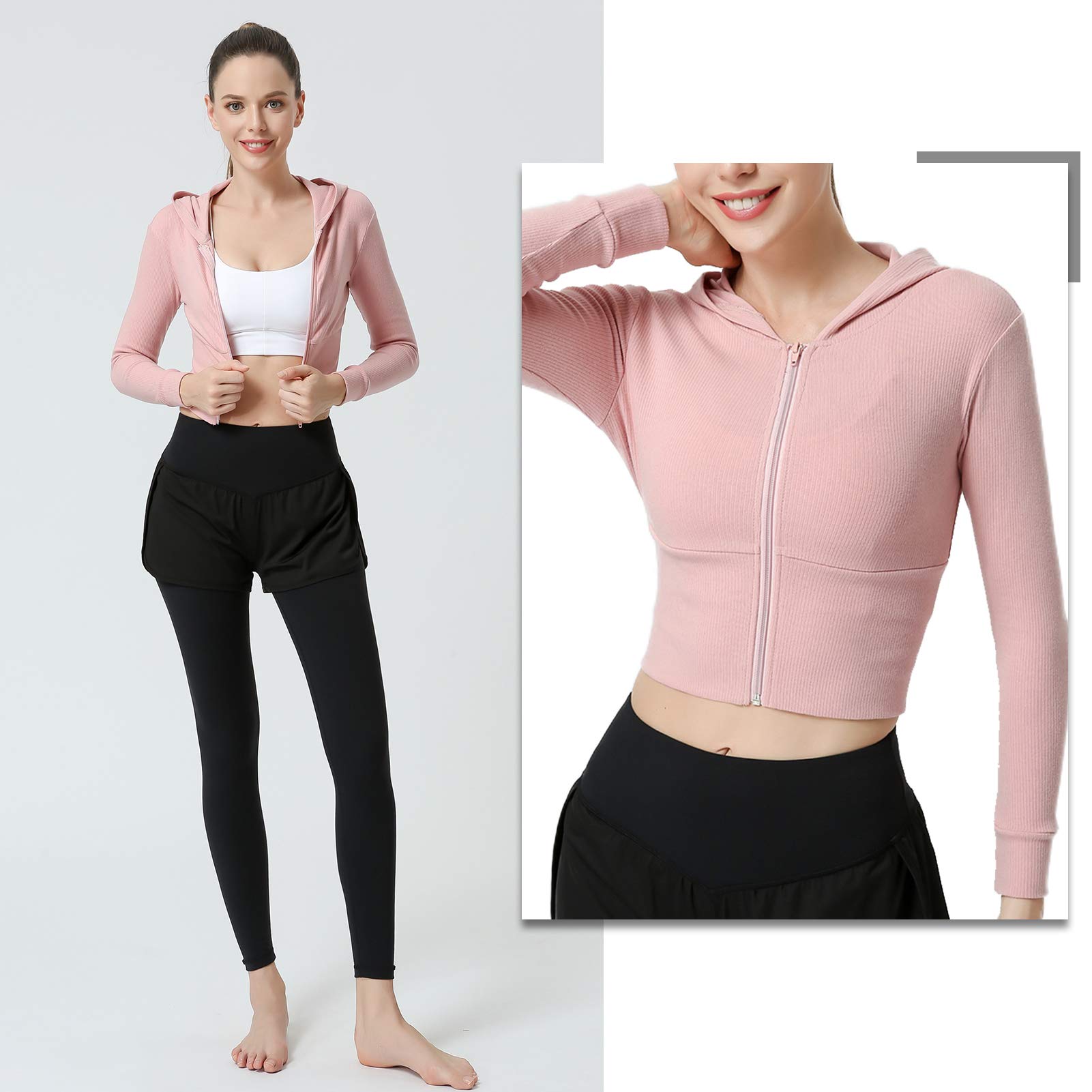 Cropped Jacket for Women Thin Brushed Plain Skinny Hoodie Crop Tops Athletic Sport Fitness Active Shirts Clothes Outwear Outfits with Zipper Pink Large