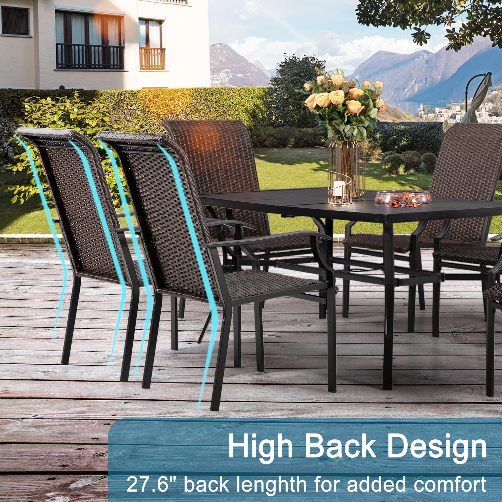 Sophia & William Patio Dining Set 7 Piece Wicker Outdoor Table and Chairs Furniture Set, 6 High-Back Rattan Chairs and 1 Metal Rectangular Dining Table with Umbrella Hole