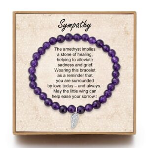 sympathy gifts for loss of mother, father, baby, pet dogs amethyst bead bracelet with sterling silver wing charm memorial jewelry with card and gift box