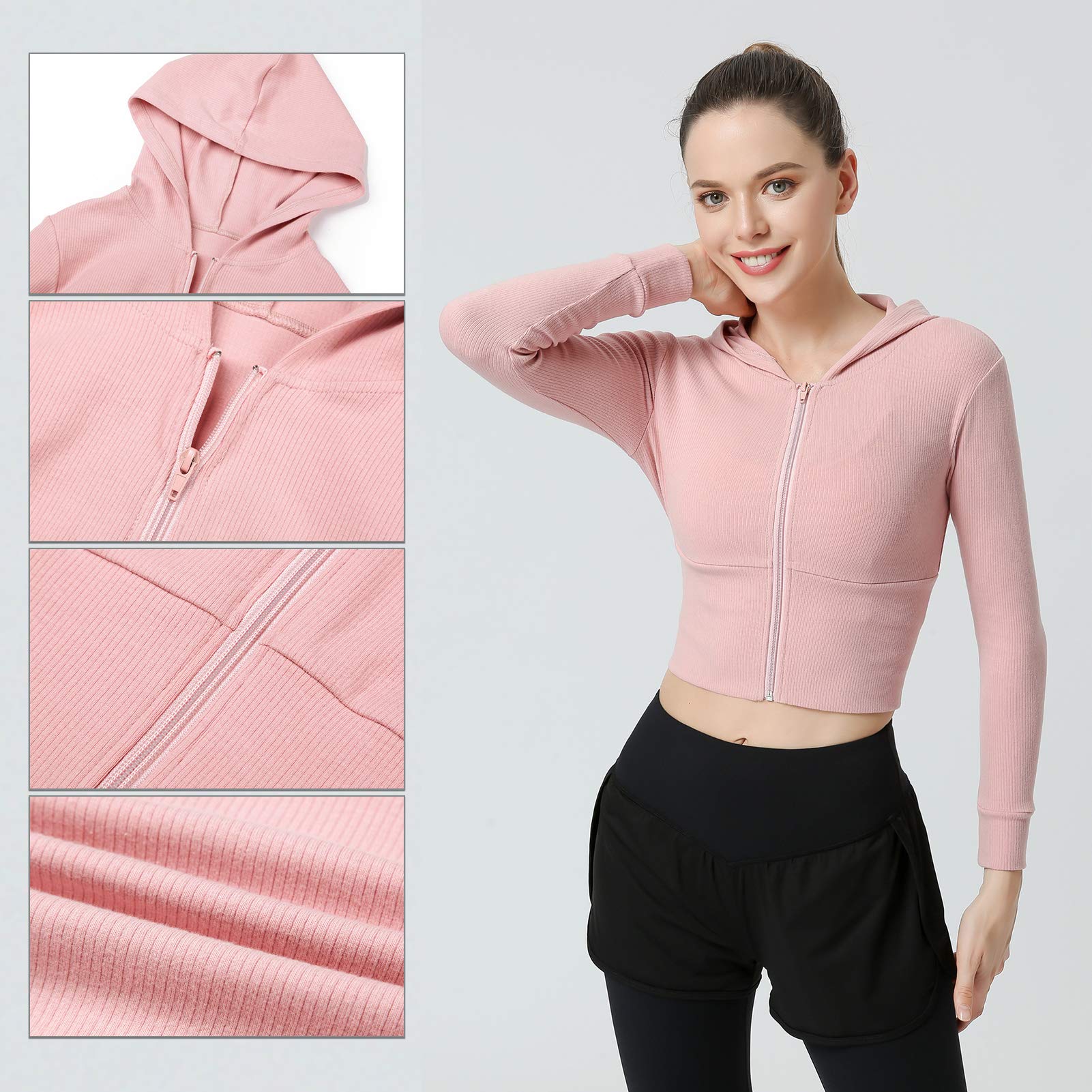 Cropped Jacket for Women Thin Brushed Plain Skinny Hoodie Crop Tops Athletic Sport Fitness Active Shirts Clothes Outwear Outfits with Zipper Pink Large