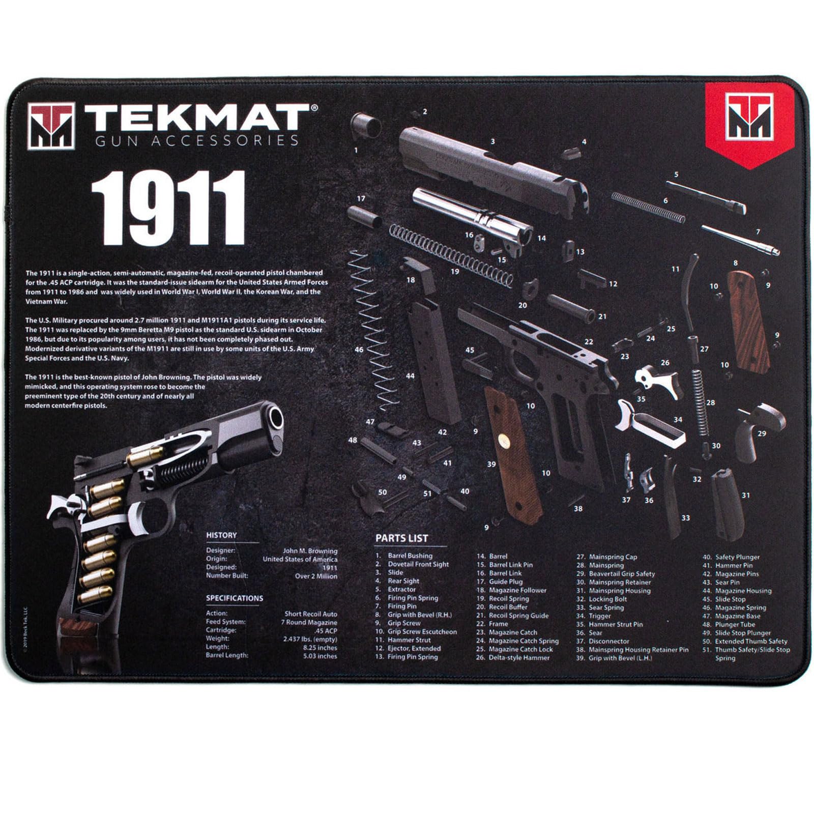 TekMat Ultra 20 Premium 15" X 20" 1/4" Thick Oil Resistant Non-Slip Waterproof Stitched Edges Handgun Cleaning Mat for use with 1911 | 1911 3D