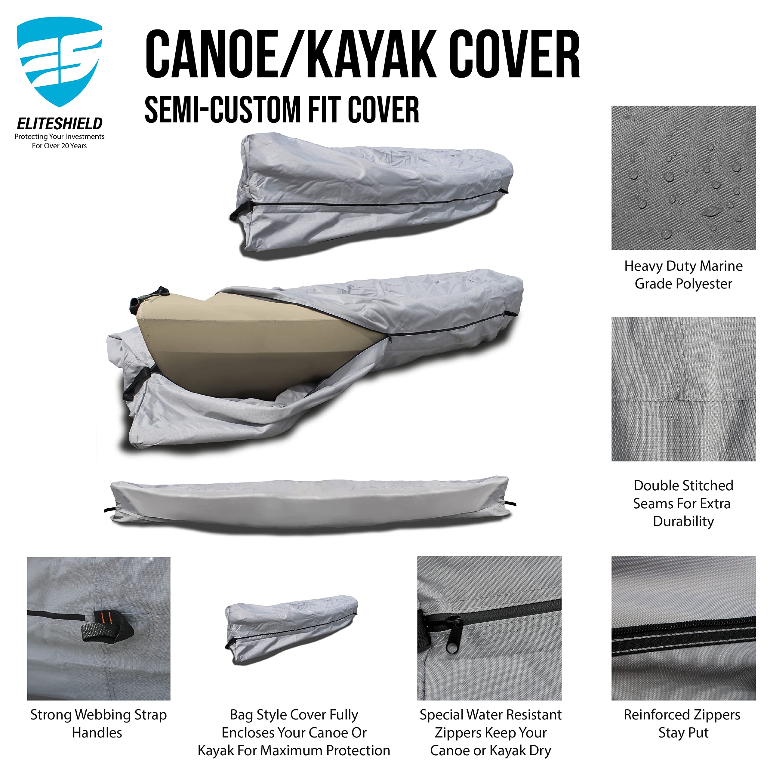 EliteShield Canoe Cover Kayak Cover; Waterproof UV Resistant Marine Grade Polyester Canoe Kayak Boat Storage Cover fits 15 ft-16 ft Long, 116 Inches Girth Gray Color