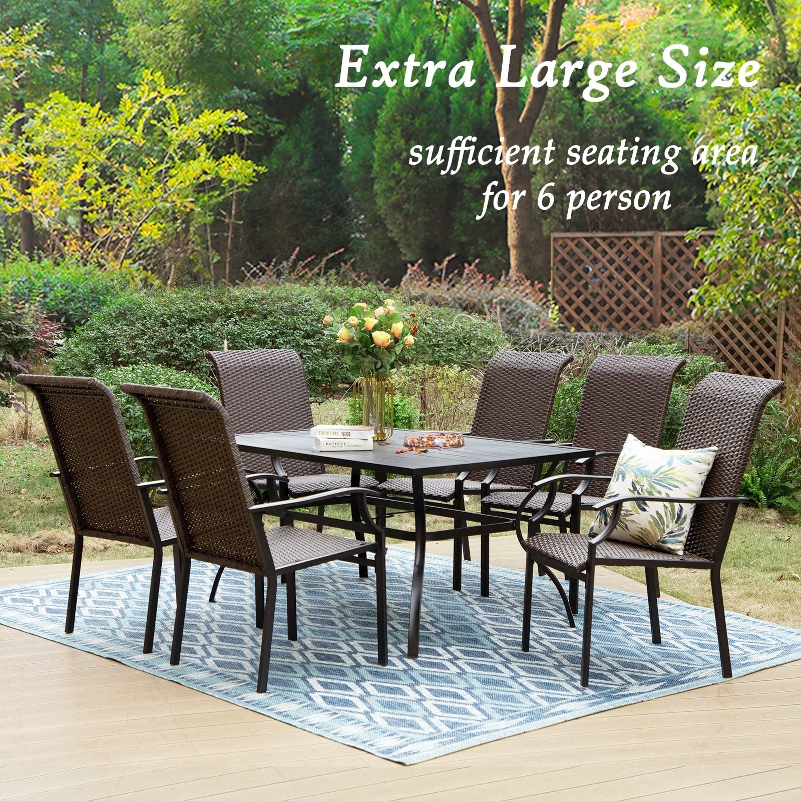 Sophia & William Patio Dining Set 7 Piece Wicker Outdoor Table and Chairs Furniture Set, 6 High-Back Rattan Chairs and 1 Metal Rectangular Dining Table with Umbrella Hole