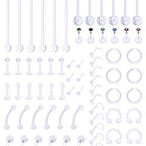 Vsnnsns 14G-20G Body Jewelry Piercing Lot Acrylic Clear Piercing Retainer Flexible Nose Lip Tongue Eyebrow Septum Ring Cartilage Tragus Earrings Navel Belly Button Rings Barbells Body Jewelry 72Pcs