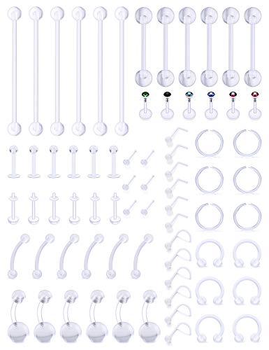 Vsnnsns 14G-20G Body Jewelry Piercing Lot Acrylic Clear Piercing Retainer Flexible Nose Lip Tongue Eyebrow Septum Ring Cartilage Tragus Earrings Navel Belly Button Rings Barbells Body Jewelry 72Pcs