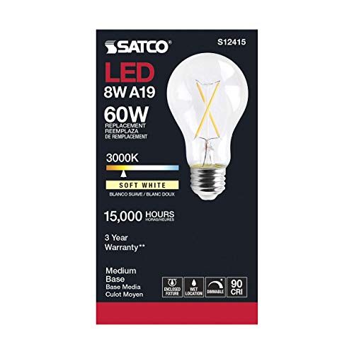 Satco Dimmable Led Filament Lamps, S12415, High Lumens, 8 Watt, A19; Clear; Medium Base; 3000K; 90 CRI; 120 Volt for use at Residential, Hospitality, Display and Commercial (6 LED Light Bulbs)