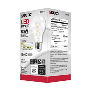 Satco Dimmable Led Filament Lamps, S12415, High Lumens, 8 Watt, A19; Clear; Medium Base; 3000K; 90 CRI; 120 Volt for use at Residential, Hospitality, Display and Commercial (6 LED Light Bulbs)