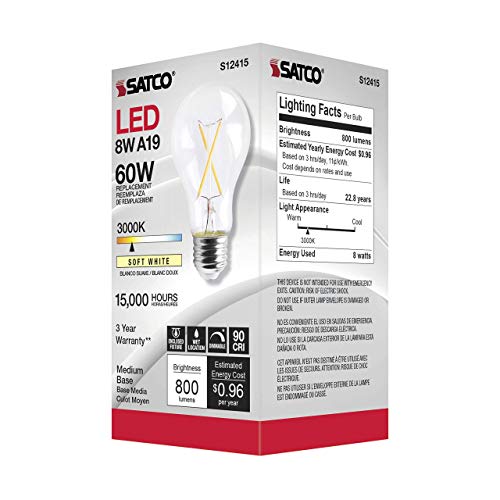 Satco Dimmable Led Filament Lamps, S12415, High Lumens, 8 Watt, A19; Clear; Medium Base; 3000K; 90 CRI; 120 Volt for use at Residential, Hospitality, Display and Commercial (6 LED Light Bulbs)