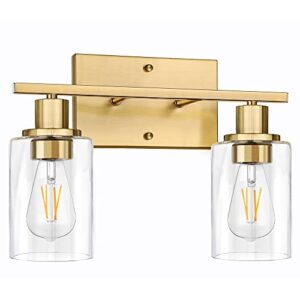 shinetech 2-light gold bathroom vanity light fixtures, modern wall lighting with clear glass, brushed brass wall sconce light for mirror, living room