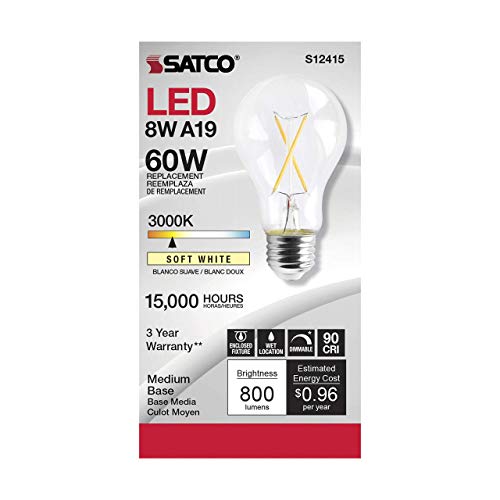 Satco Dimmable Led Filament Lamps, S12415, High Lumens, 8 Watt, A19; Clear; Medium Base; 3000K; 90 CRI; 120 Volt for use at Residential, Hospitality, Display and Commercial (6 LED Light Bulbs)