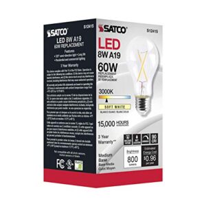 Satco Dimmable Led Filament Lamps, S12415, High Lumens, 8 Watt, A19; Clear; Medium Base; 3000K; 90 CRI; 120 Volt for use at Residential, Hospitality, Display and Commercial (6 LED Light Bulbs)