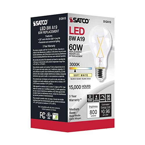 Satco Dimmable Led Filament Lamps, S12415, High Lumens, 8 Watt, A19; Clear; Medium Base; 3000K; 90 CRI; 120 Volt for use at Residential, Hospitality, Display and Commercial (6 LED Light Bulbs)