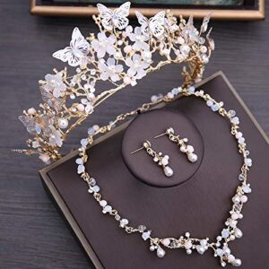 luxury crystal beads pearl butterfly costume jewelry sets floral rhinestone choker necklace earrings tiara wedding jewelry set (3pcs jewelry set)