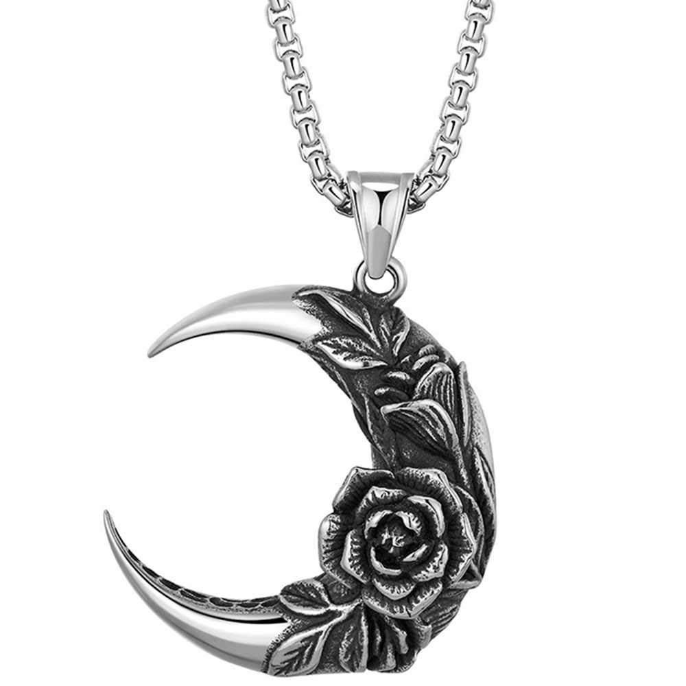 Jude Jewelers Stainless Steel Moon Crescent Shape Rose Flower Antique Vintage Cocktail Party Biker Pendant Necklace (Silver)