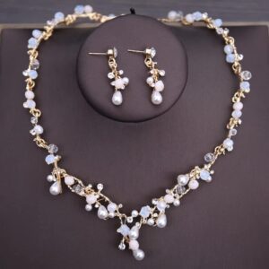 Luxury Crystal Beads Pearl Butterfly Costume Jewelry Sets Floral Rhinestone Choker Necklace Earrings Tiara Wedding Jewelry Set (3Pcs Jewelry Set)