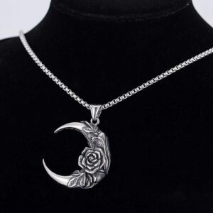 Jude Jewelers Stainless Steel Moon Crescent Shape Rose Flower Antique Vintage Cocktail Party Biker Pendant Necklace (Silver)